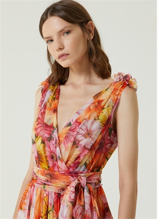 Dolce&Gabbana Kadın V Yaka Çiçekli Beli Kuşaklı Midi İpek Elbise 42 IT